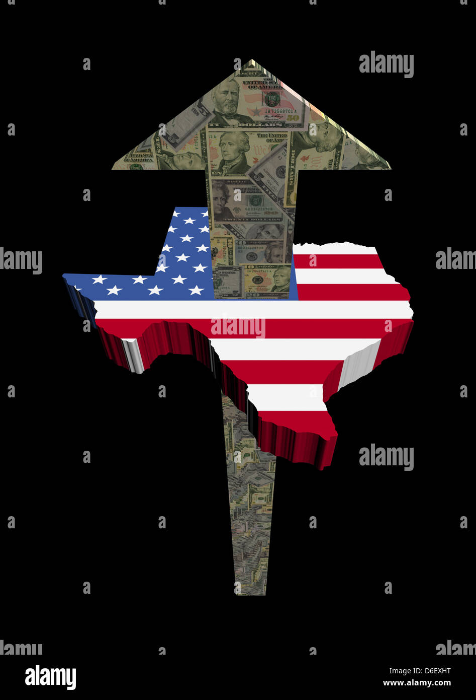 American dollars arrow and Texas map flag illustration Stock Photo - Alamy