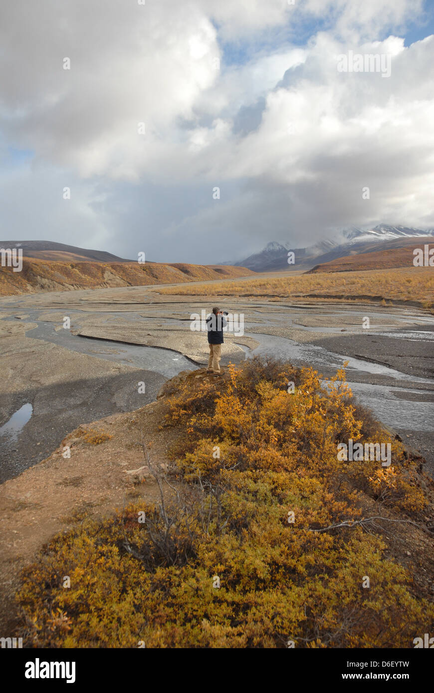 A photographer takes a photo of East Fork Toklat River, Polychrome ...