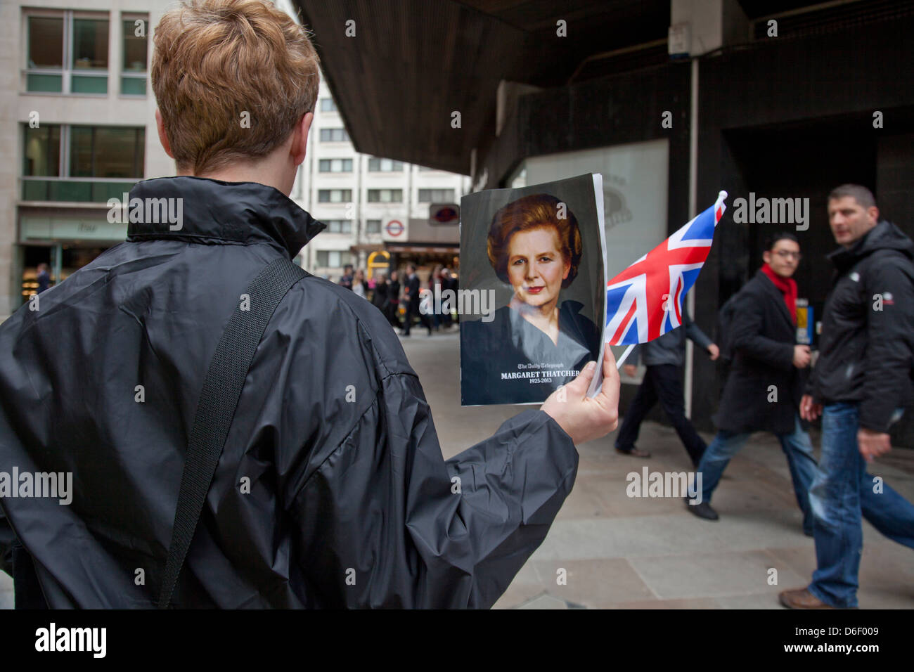 Young people sell Union Jack flags and photos of Margaret Thatcher at ...