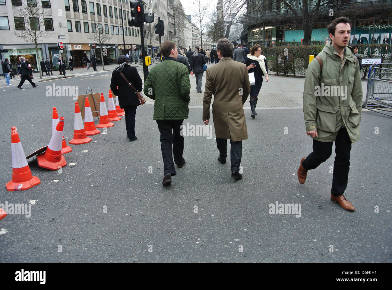 People walking, traffic cones, Margaret Thatchers funeral, London Stock ...