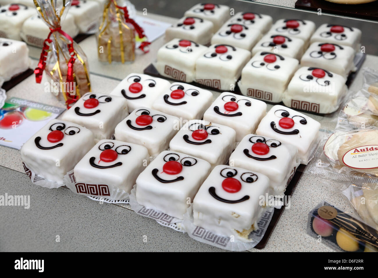 Red nose day cakes for sale in an Aulds Bakery Shop, Scotland, UK Stock ...