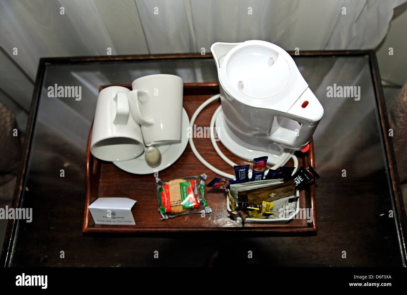 Typical complimentary tea and coffee tray in British hotel room Stock ...