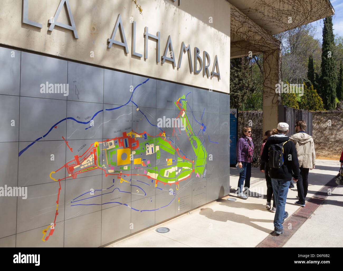 The tourist entrance to the Alhambra where tickets are sold and people ...