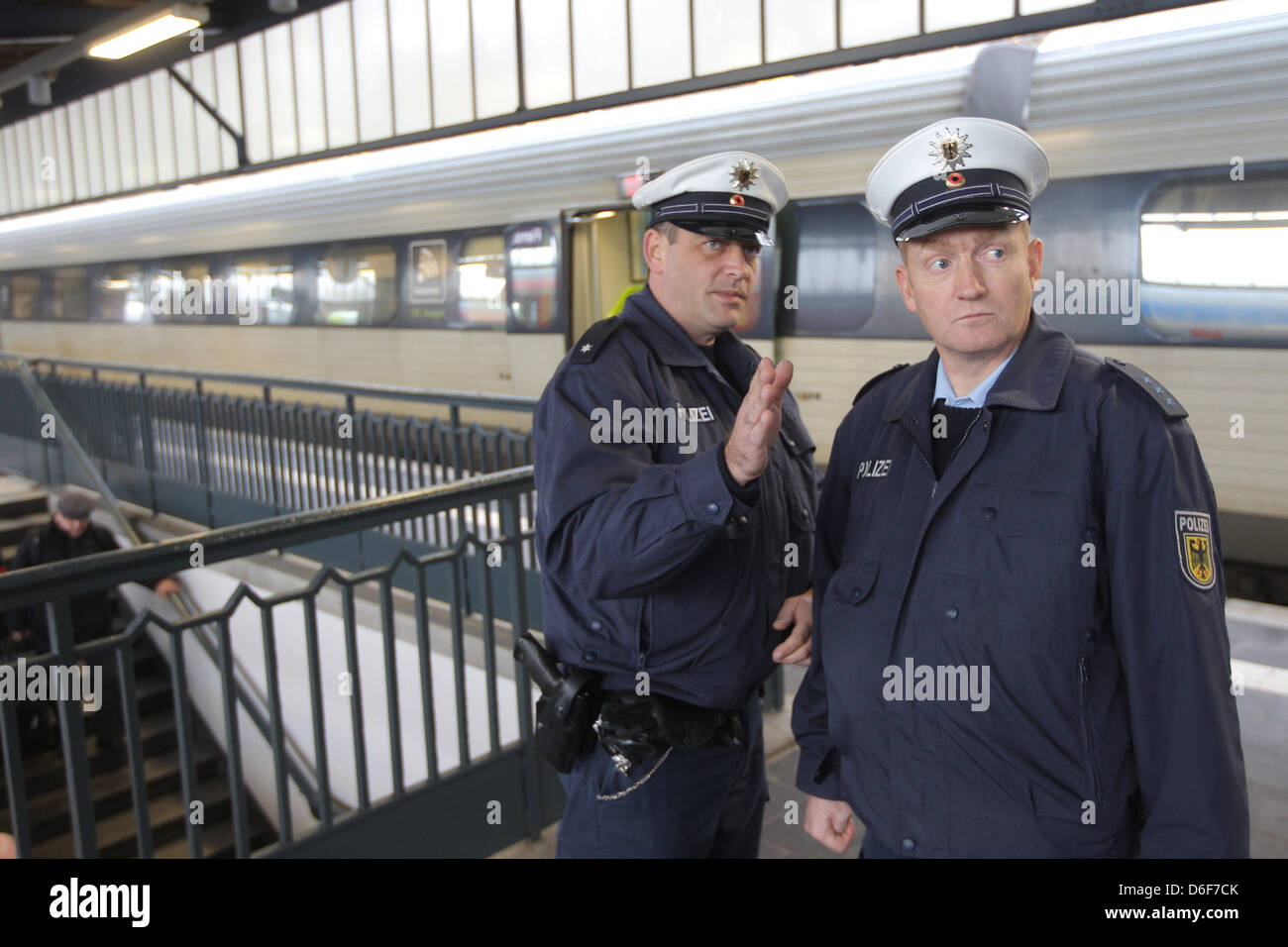 Flensburg, Germany, the federal police at a control in the train of ...