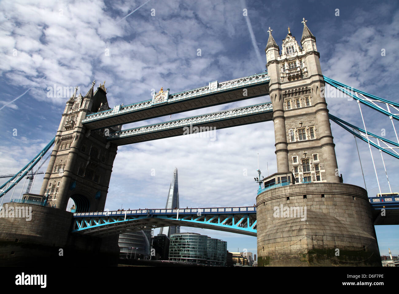 Tower Bridge also showing the Shard building. taken from on the river ...