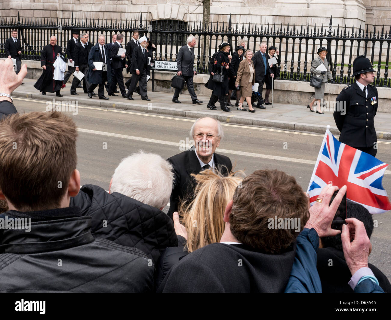Norman Tebbit greets the crowd at Margaret Thatcher's funeral at St ...