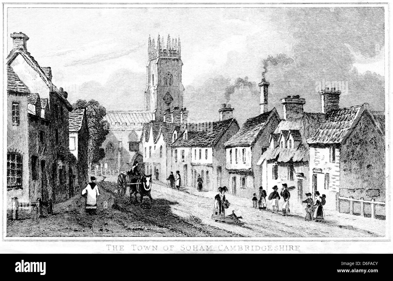 An engraving entitled " The Town of Soham, Cambridgeshire " scanned at ...