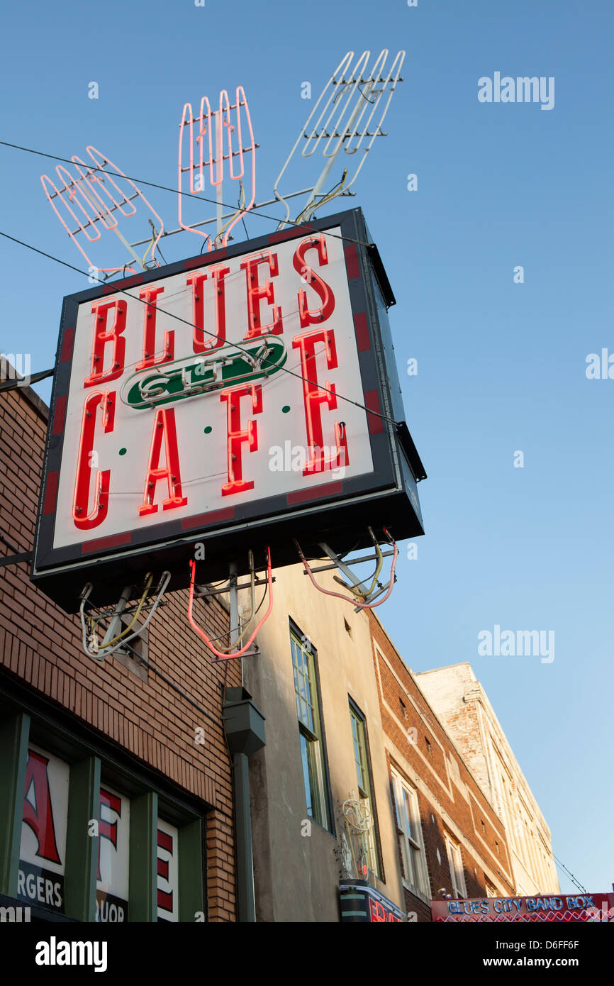 A Blues city Cafe neon sign at Beale Street, Memphis, Tennessee, USA ...