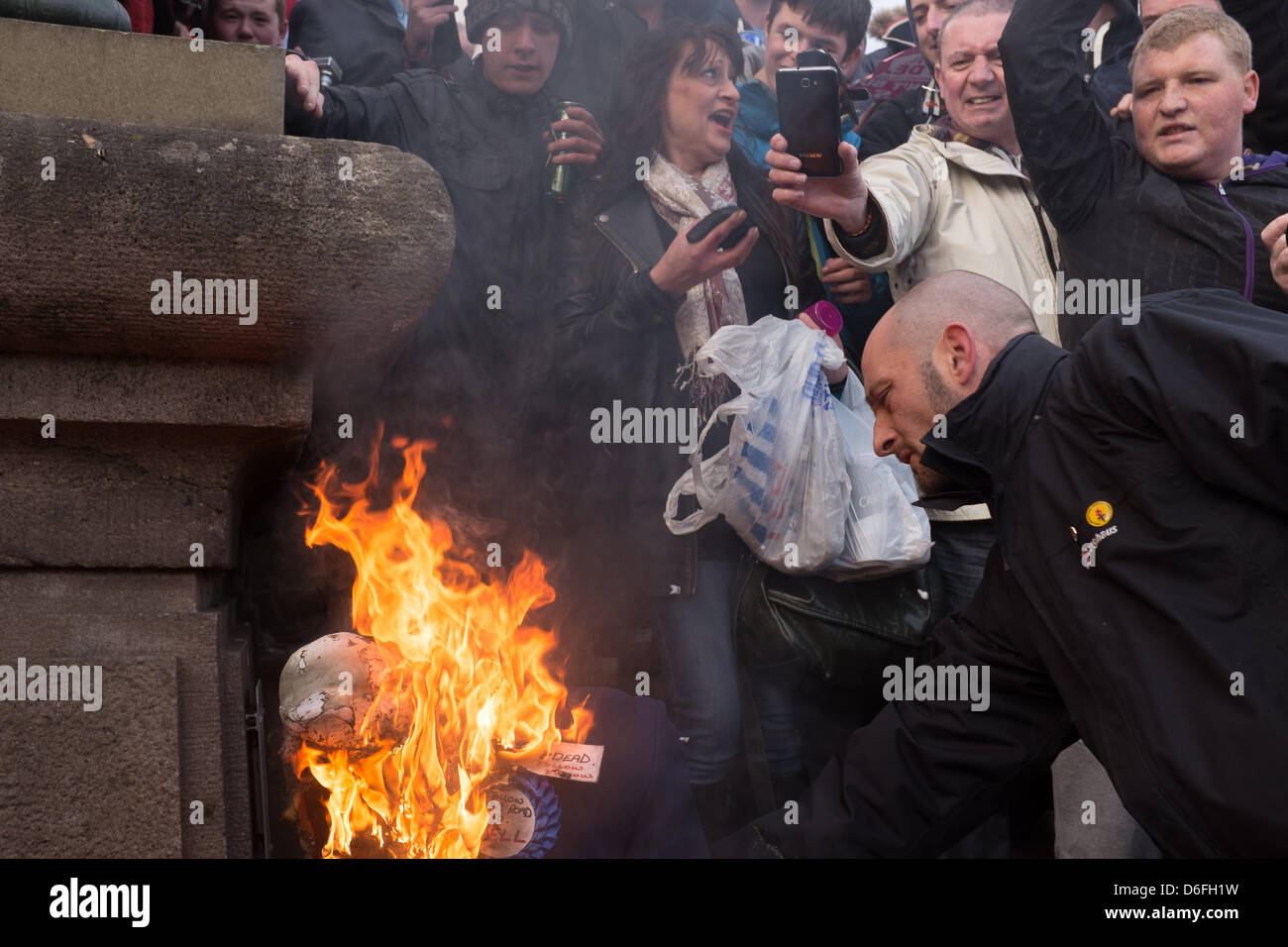 Liverpool, UK, 17th April, 2013. An effigy of Margaret Thatcher is ...