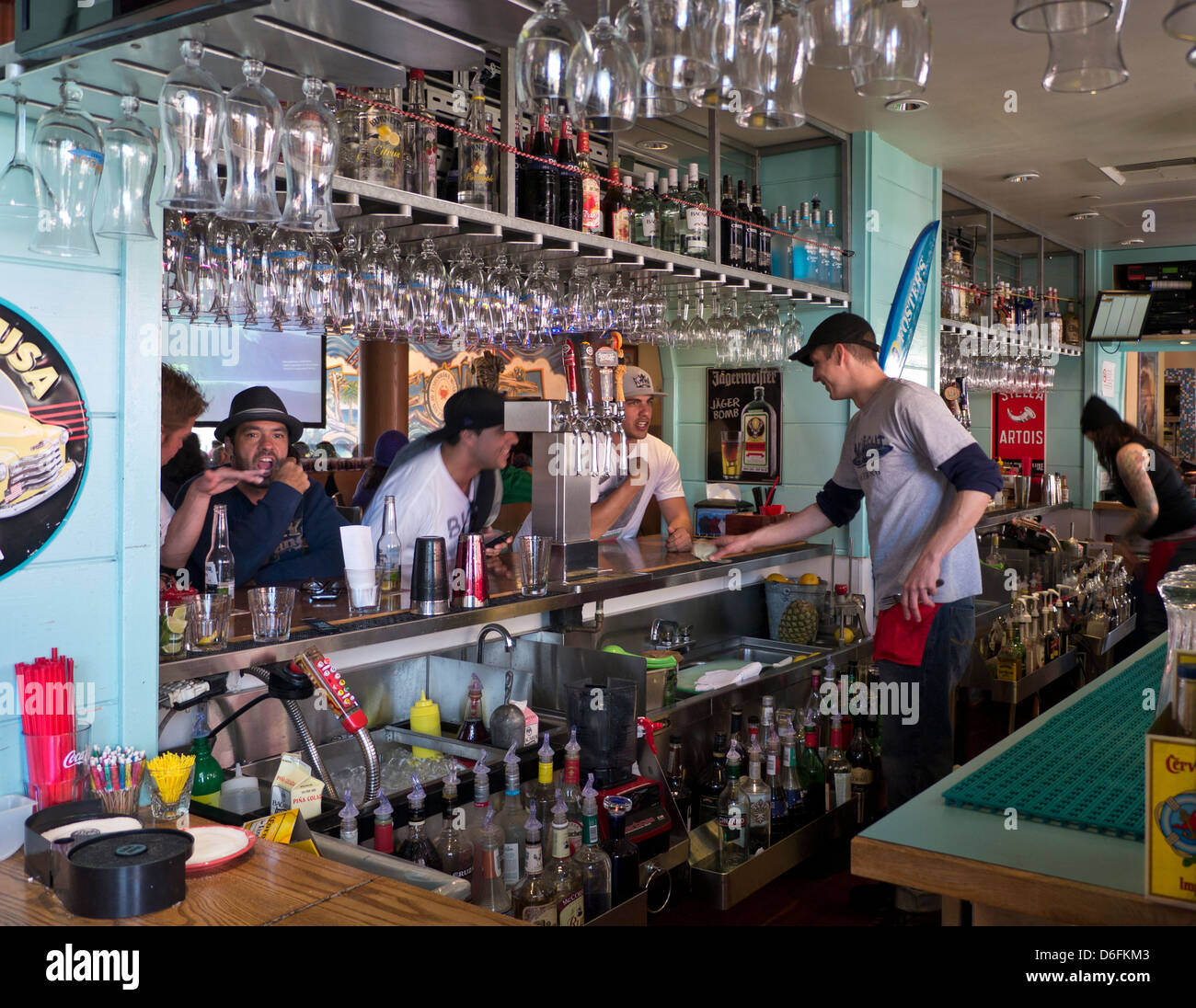 Bar American interior with customers drinkers typical Californian bar ...