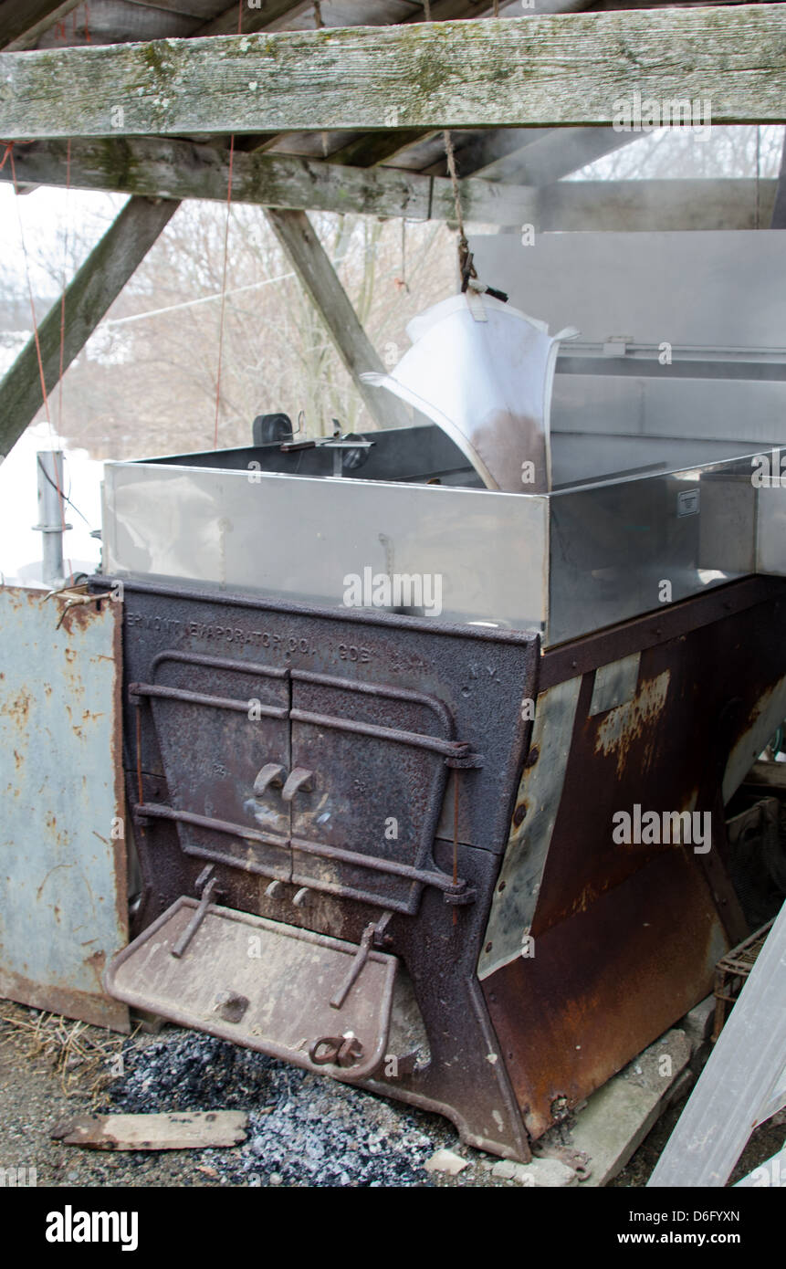 Boiling down sap to make maple syrup at a sugarhouse in Maine Stock ...