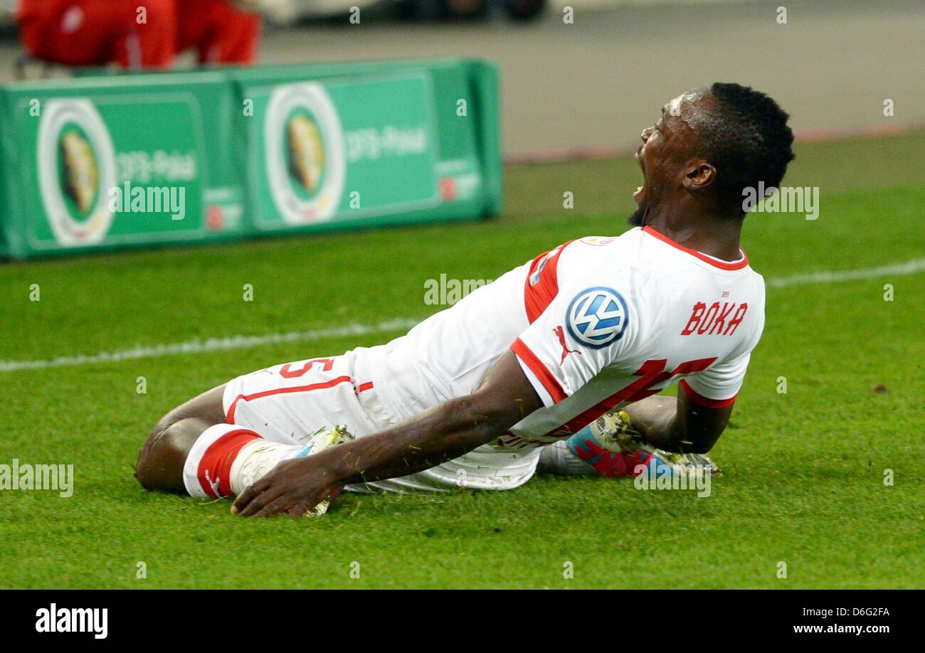 Stuttgart's Arthur Boka celebrates his 1-0 goal during the DFB Cup semi ...