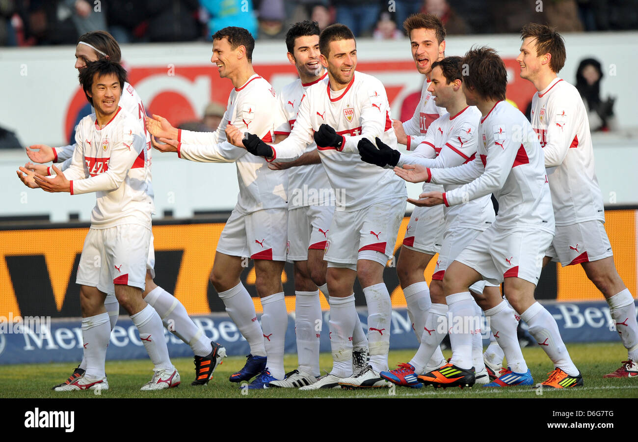 Stuttgart's players celebrate Okazaki's 3:0 during the German ...
