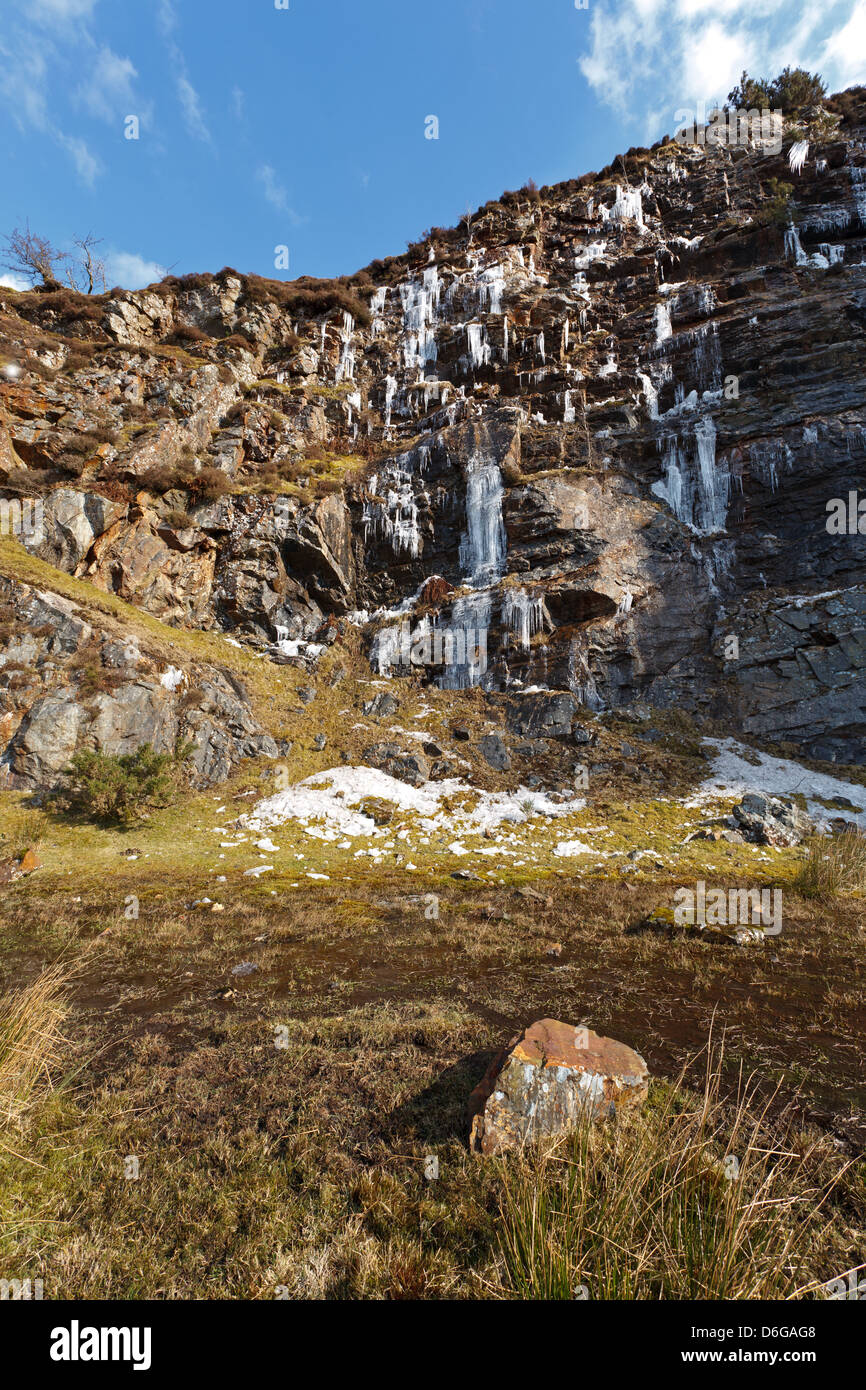 Frozen waterfalls on the rcok face at Meldon Quarry near Okehampton in ...