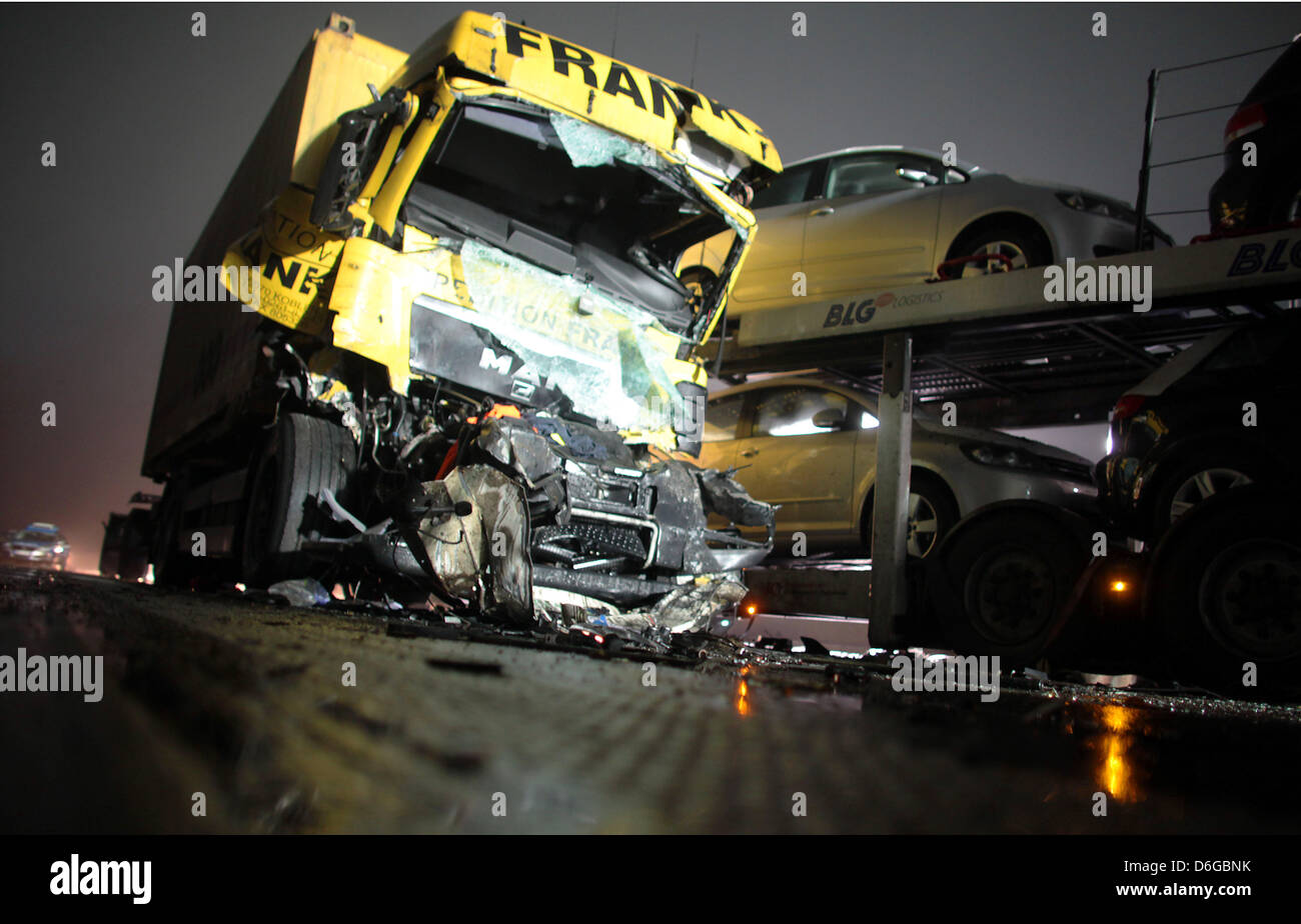 Truck and car wrecks are pictured on the autobahn A 57 near Dormagen ...
