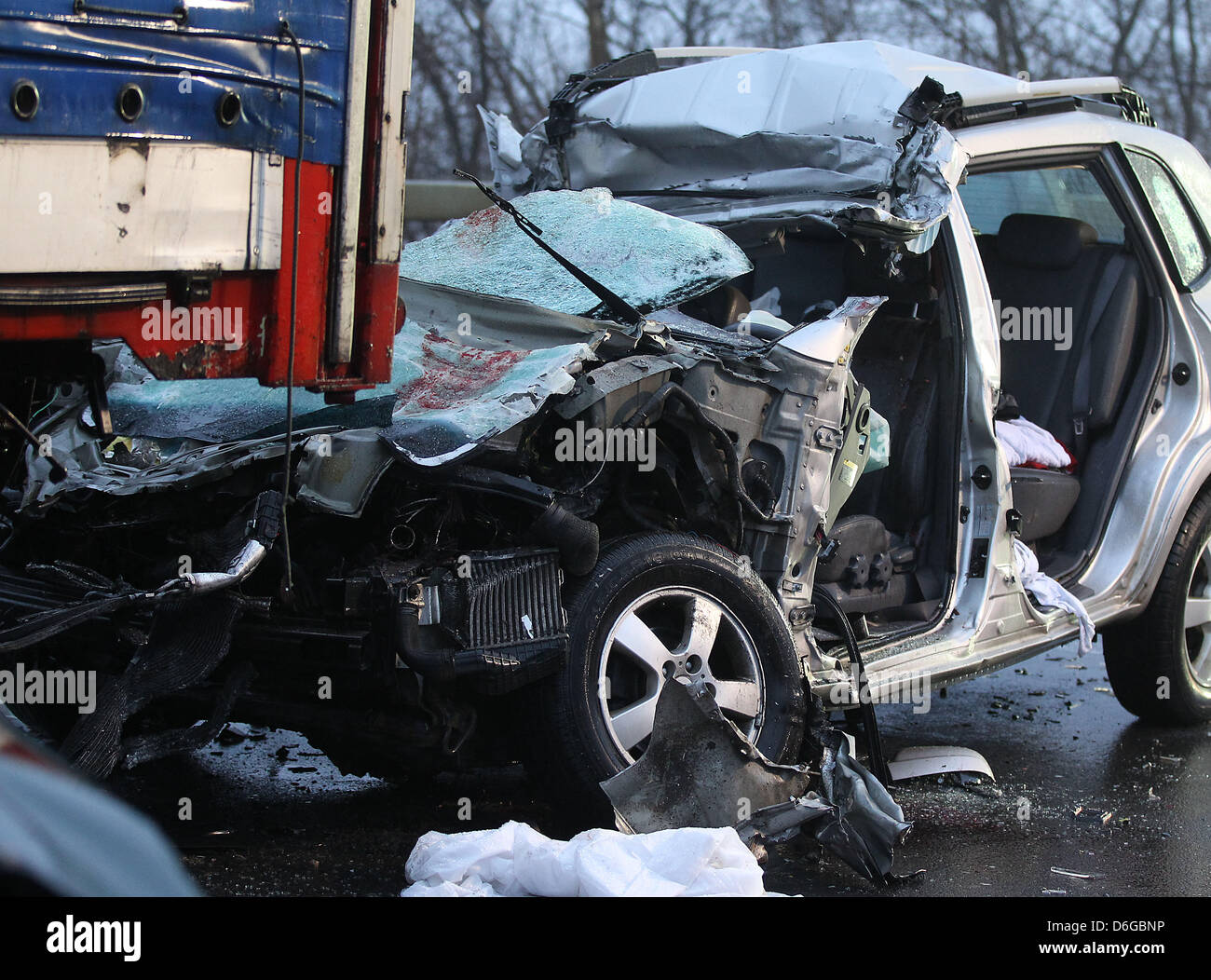 Truck and car wrecks are pictured on the autobahn A 57 near Dormagen ...