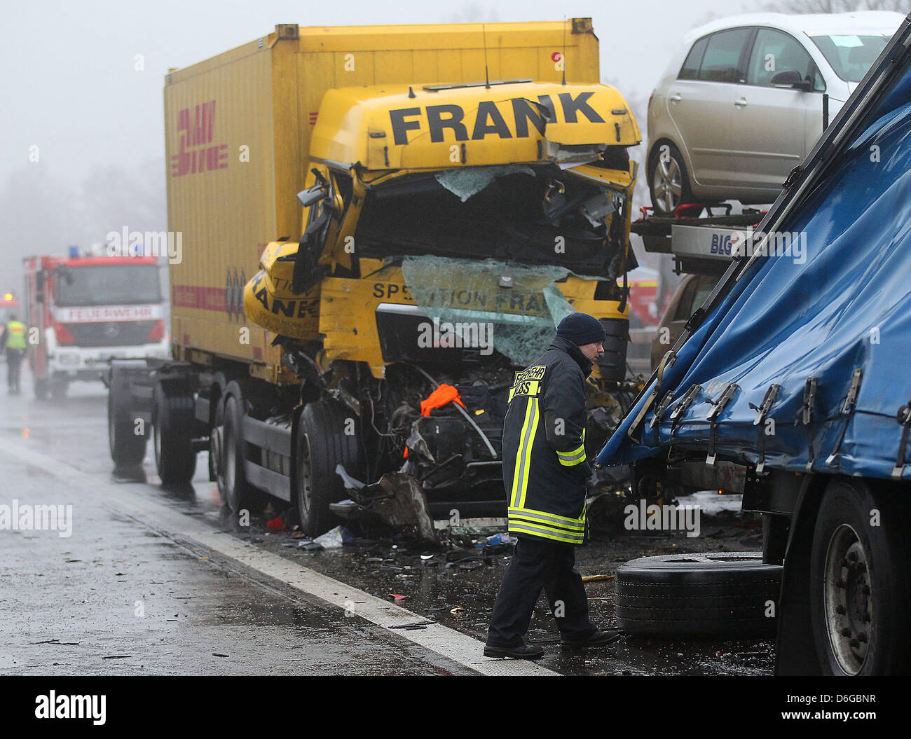 Truck and car wrecks are pictured on the autobahn A 57 near Dormagen ...