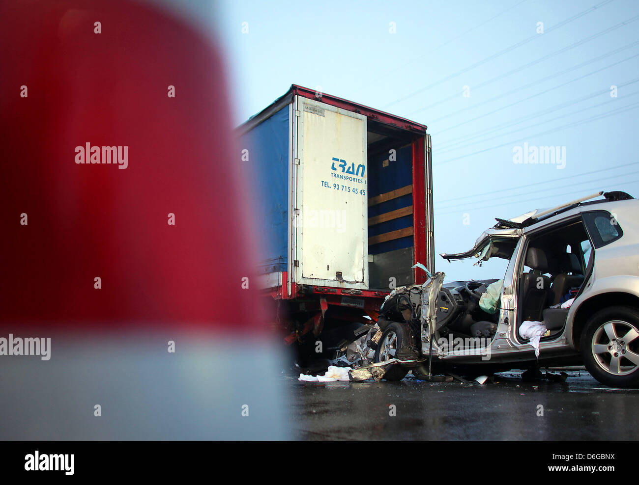 Truck and car wrecks are pictured on the autobahn A 57 near Dormagen ...