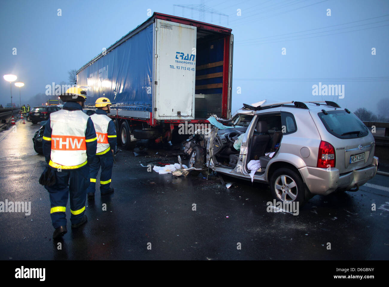 Truck and car wrecks are pictured on the autobahn A 57 near Dormagen ...