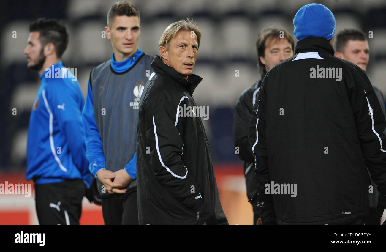 Christoph Daum, head coach of Club Brugge KV, observes his team's ...