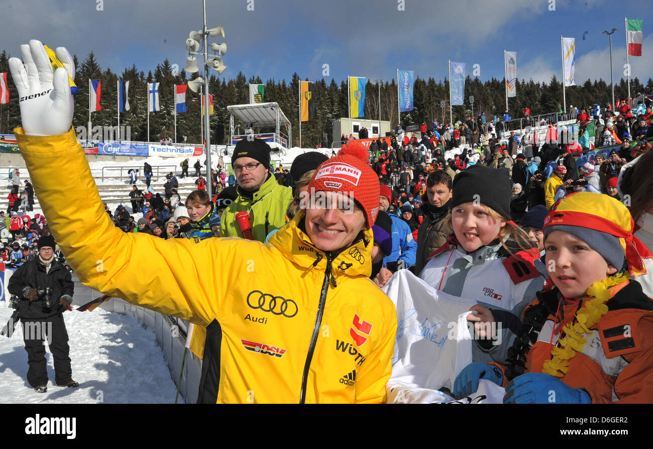 German ski jumper Richard Freitag is celebrated by his fans during the ...