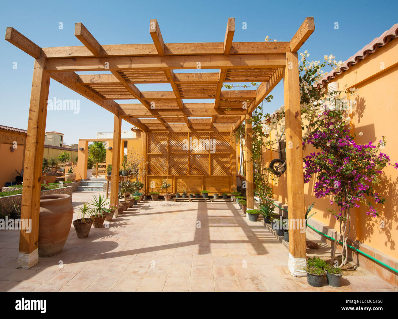 Wooden frame parking area garage at a tropical villa property Stock ...