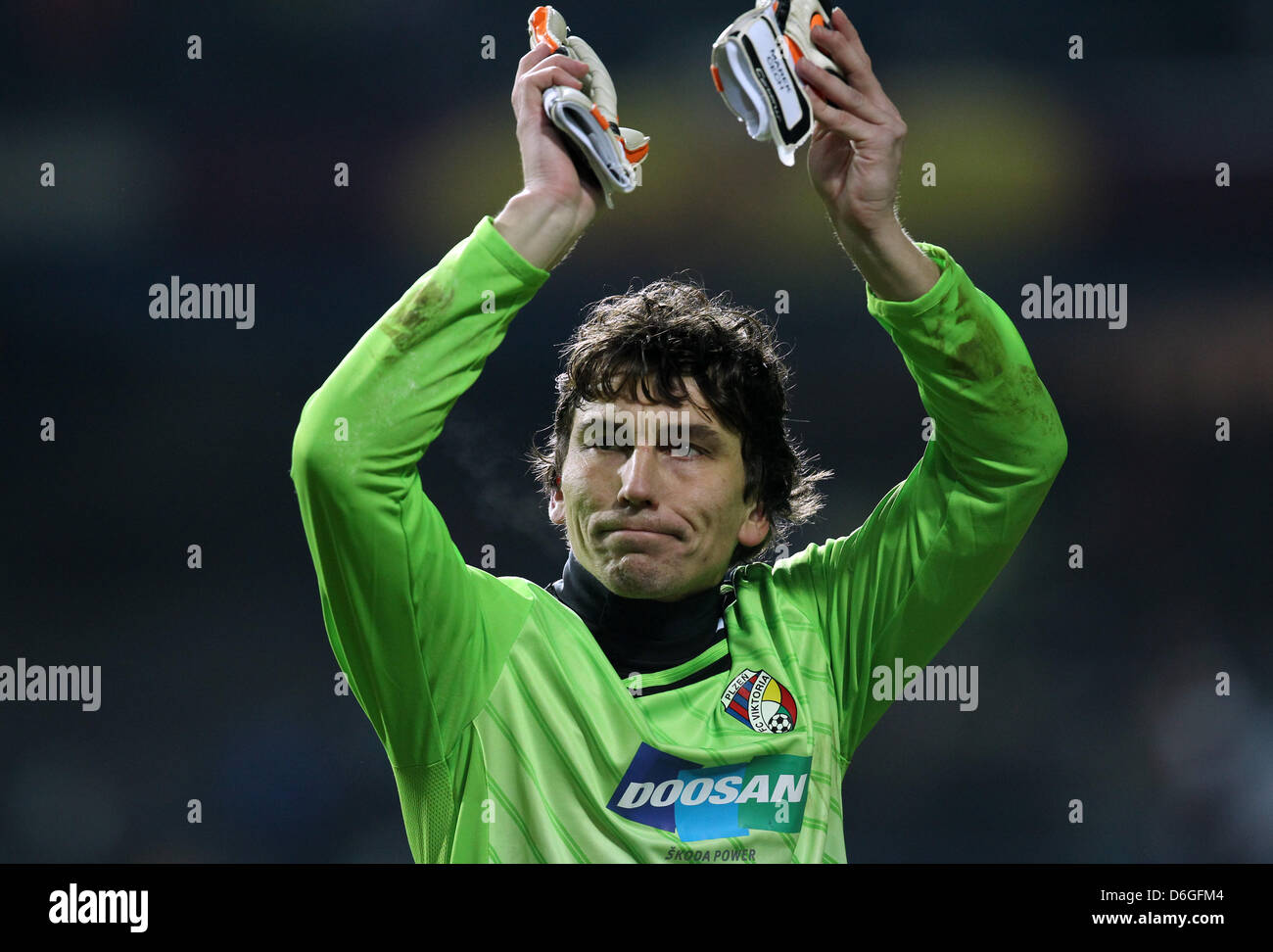 Plzen's goalkeeper Marek Cech applauses after the Europa League round ...