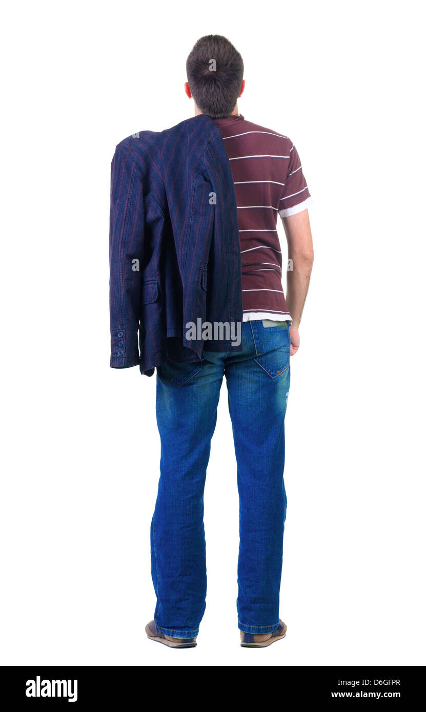 Back view of young man looks ahead. Rear view people collection ...