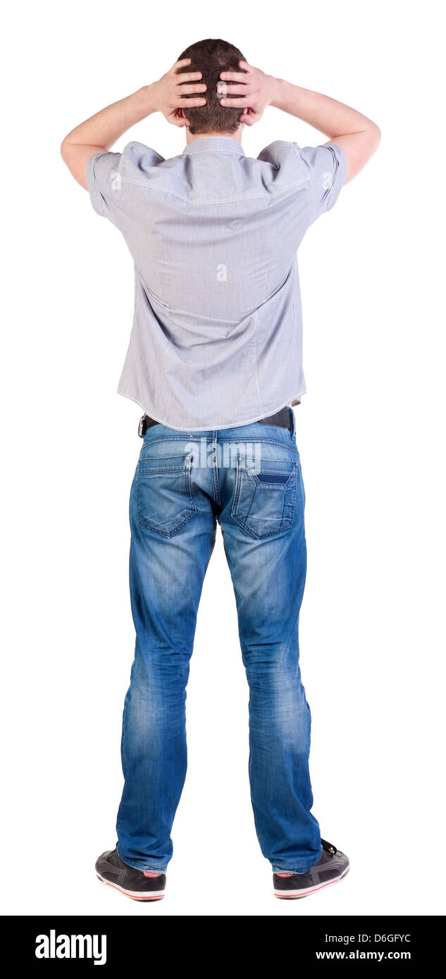 Back view of shocked man in shirt . Upset adult men. Rear view people ...