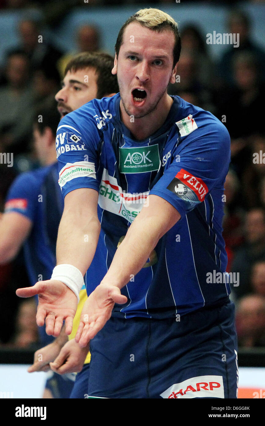 Hamburg's Pascal Hens protests against a referee's decision during the ...