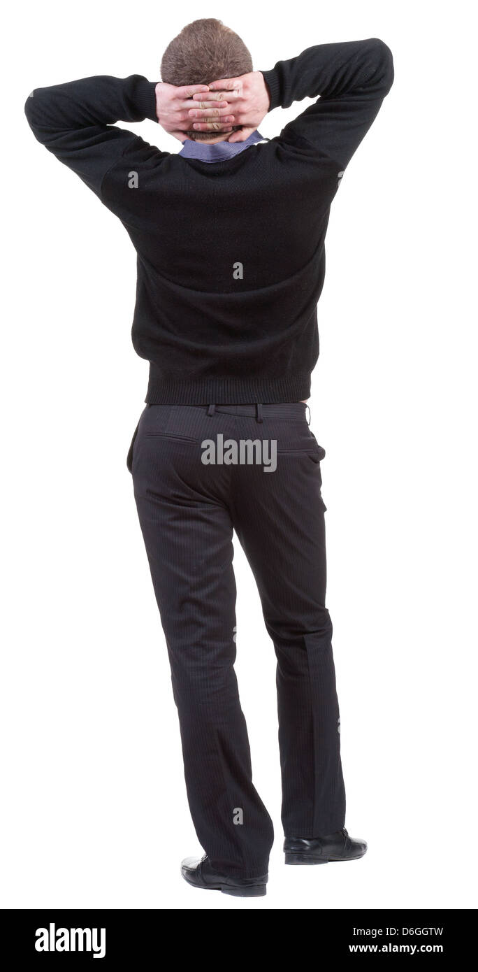 back view of Business man looks ahead. Young guy watching. Rear view ...