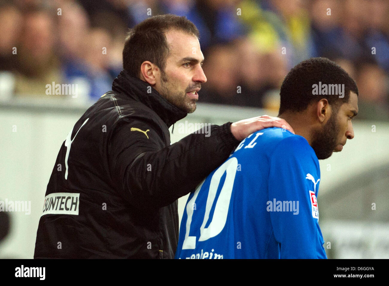 Hoffenheim coach Markus Babbel (L) talks to player Ryan Babel during ...