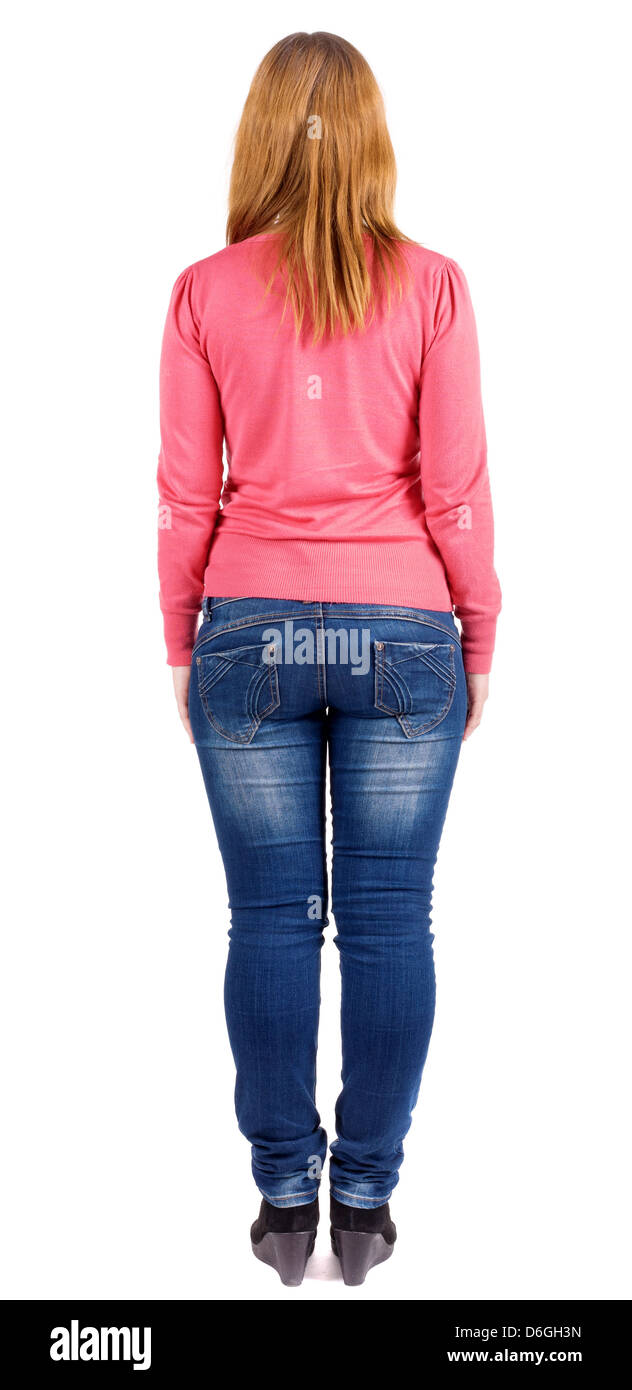 back view of standing beautiful brunette woman . Young girl in jeans ...