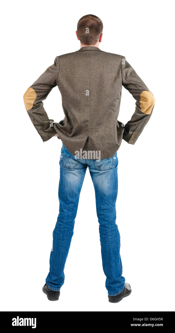 Back view of business men in jacket suit . Guy looks at wall. Rear view ...