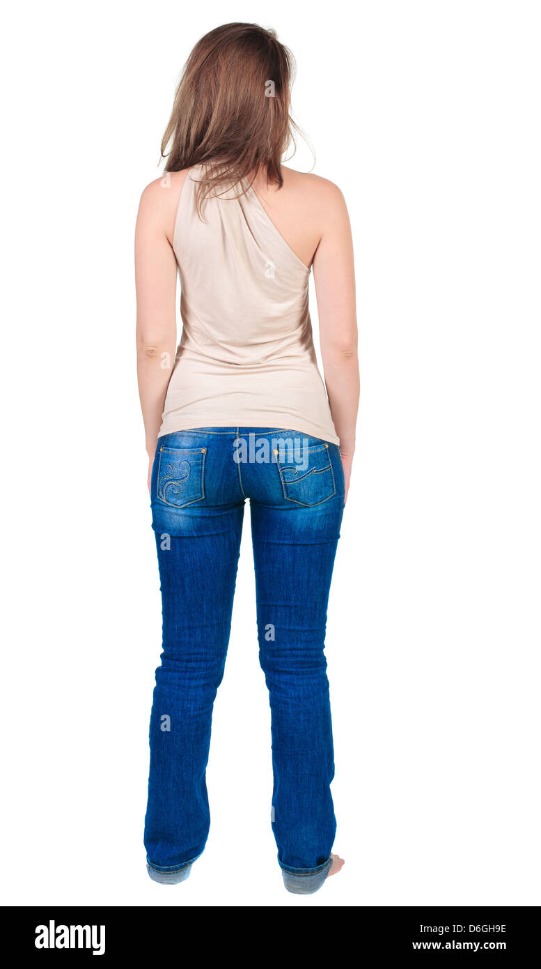Back view of beautiful yong woman looks ahead. rear view. Isolated over ...