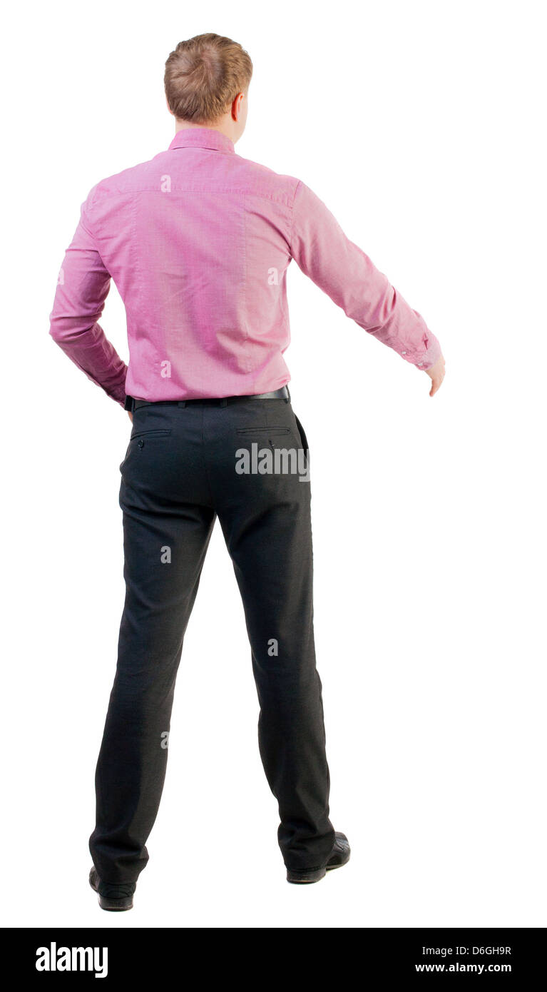 back view of businessman in red shirt out to shake hands. Rear view ...