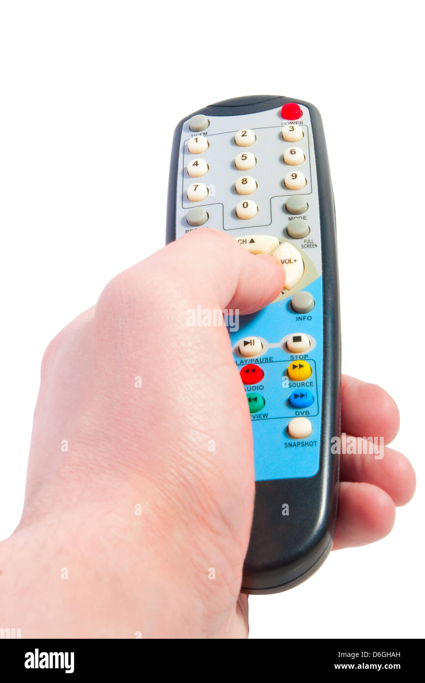 Hand holding television remote. Isolated over white background Stock ...