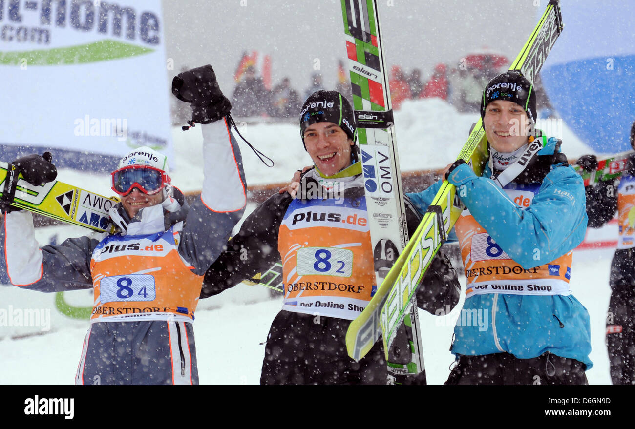 Slovenian ski jumpers Robert Kranjec (L-R), Jure Sinkovec and Jurij ...