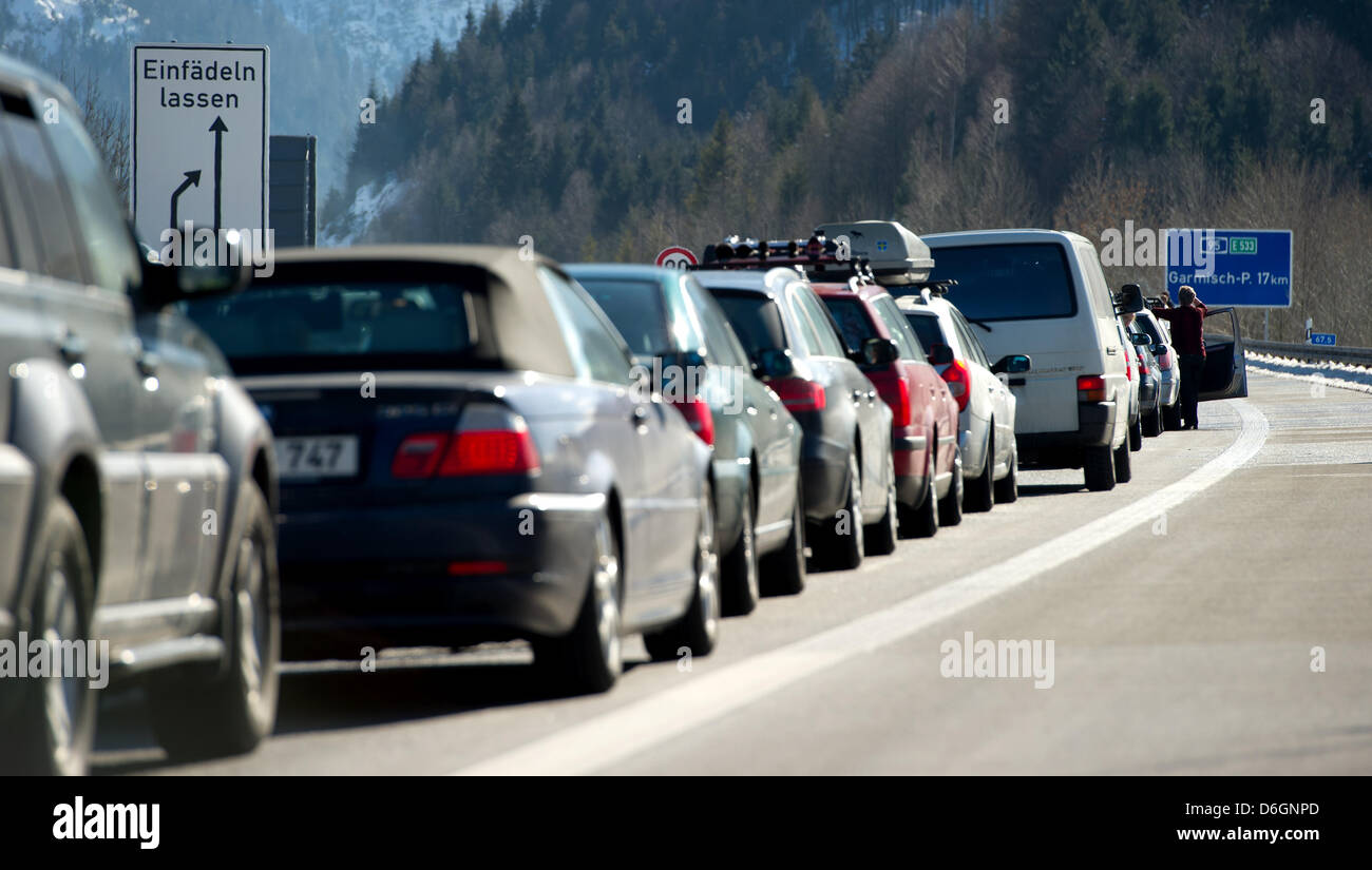 Cars queue on the Autobahn 95 near Garmisch-Partenkirchen, Germany, 18 ...