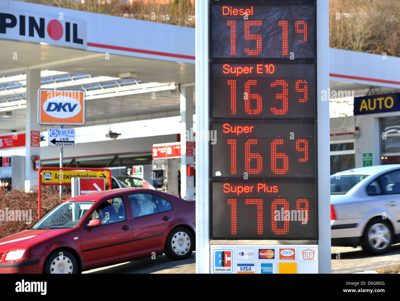 The current prices for a liter diesel and super petrol is written on a ...