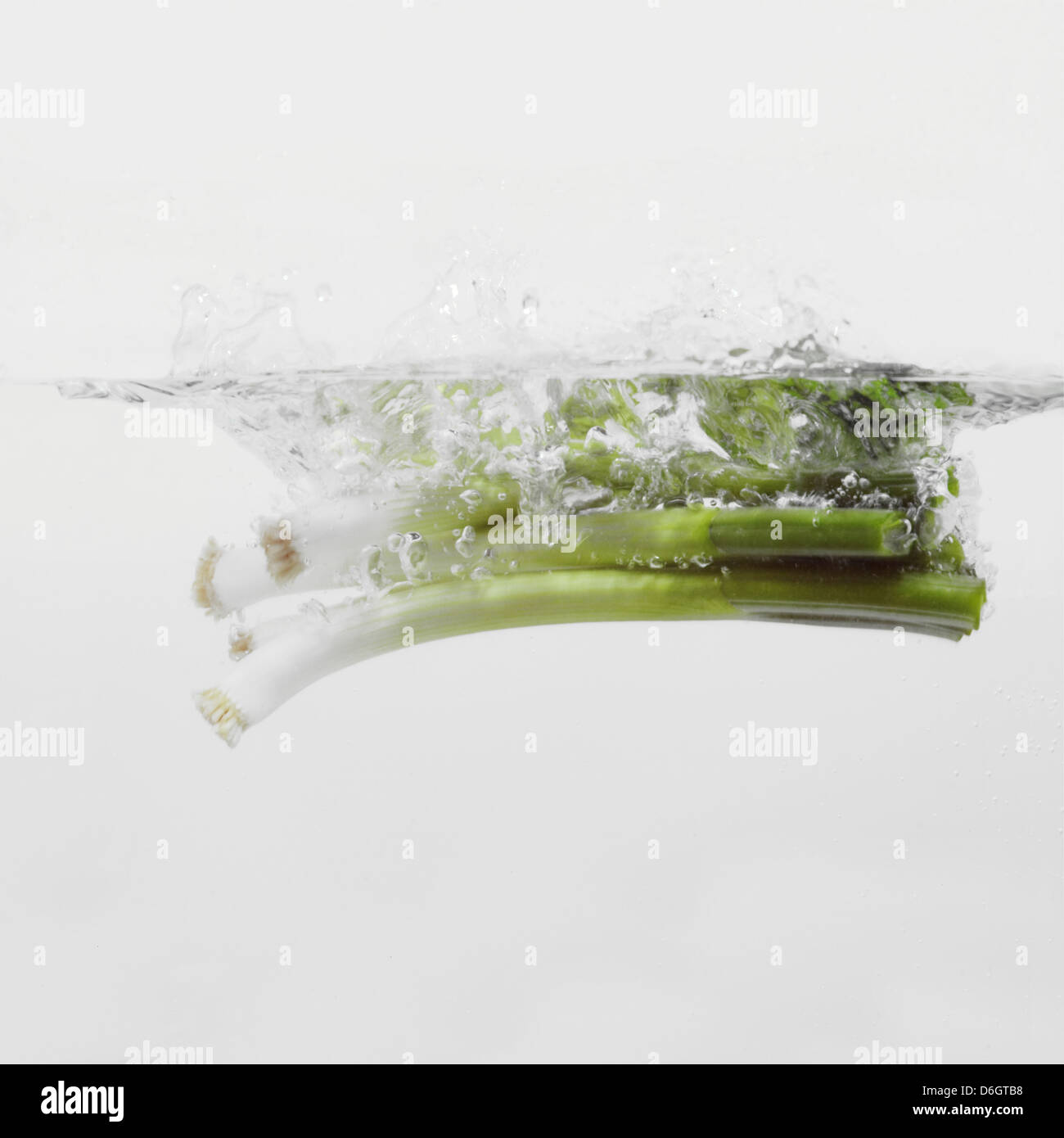 Spring Onions splashing into water Stock Photo - Alamy