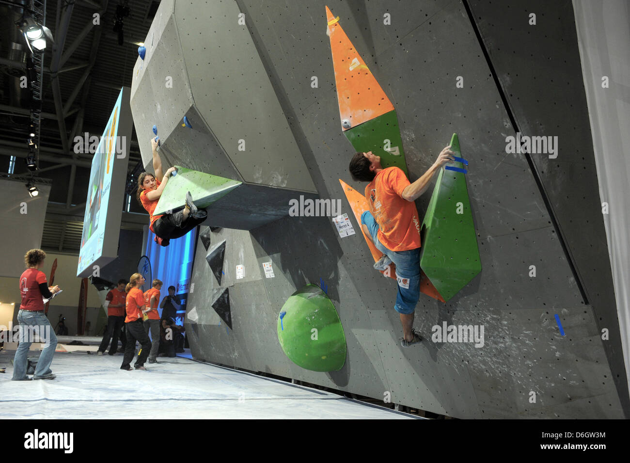 Participants climb during the semi-final of the German Boulder Cup at ...