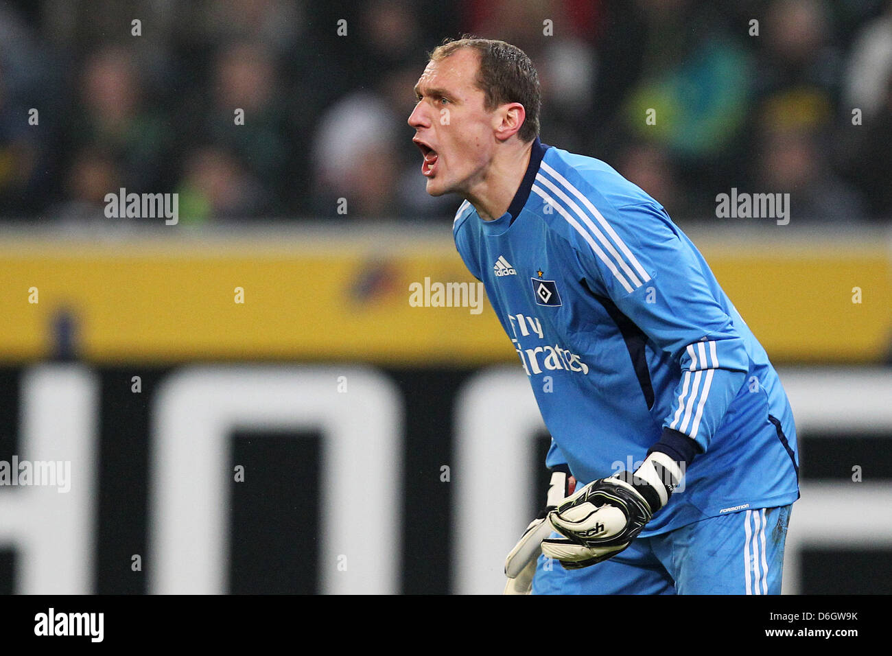 Hamburg's goalkeeper Jaroslav Drobny gives directions during the German ...