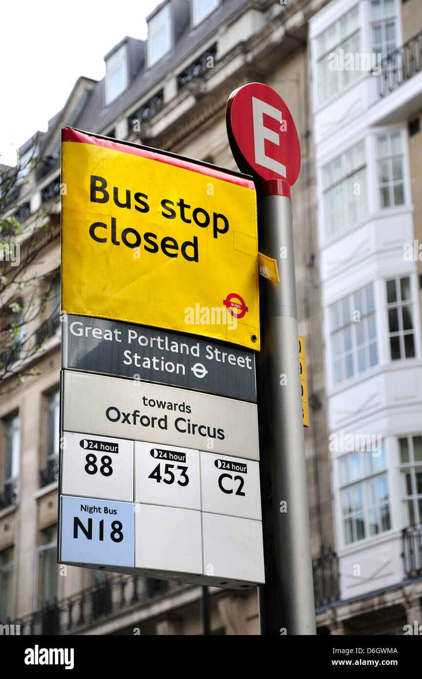 London, England, UK. Bus stop closed sign Stock Photo - Alamy