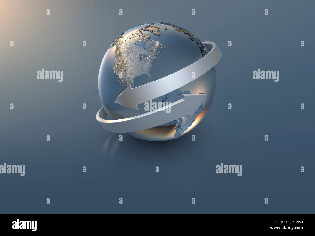 Illustration of arrows and silver globe Stock Photo - Alamy