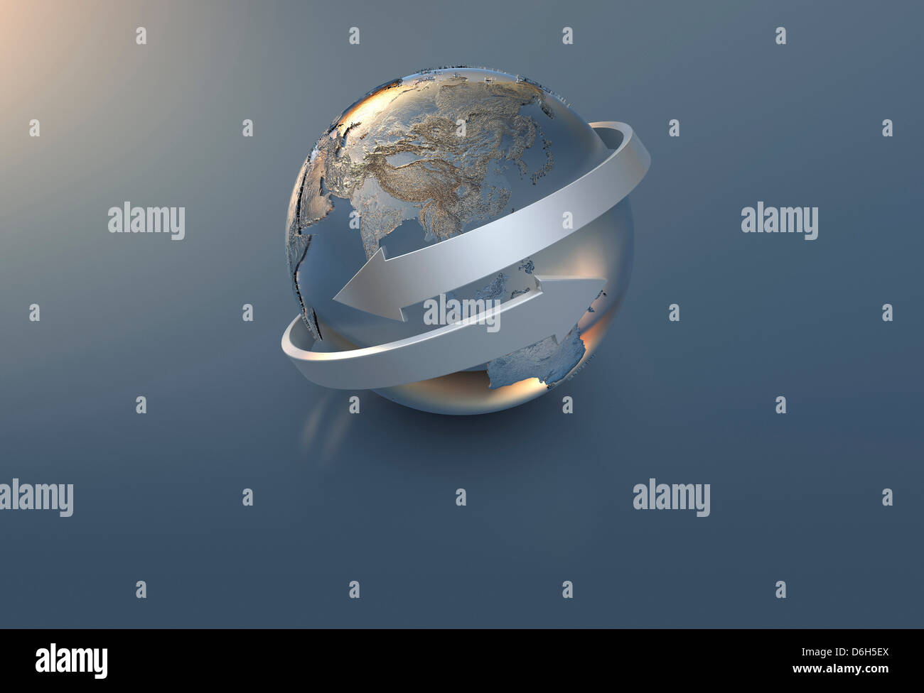Illustration of arrows and silver globe Stock Photo - Alamy