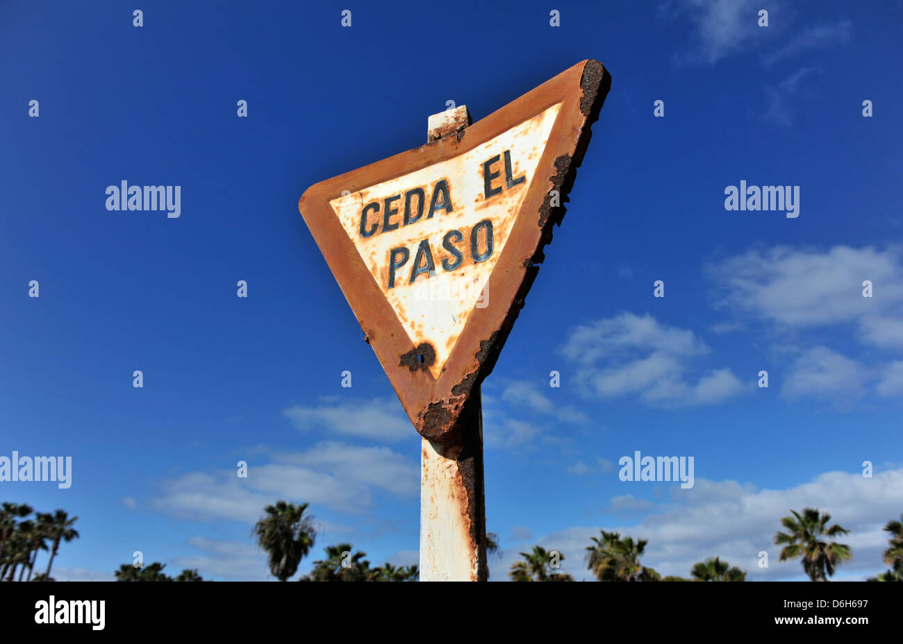 An old Ceda El Paso road sign with a blue sky in Lanzarote, Canary ...