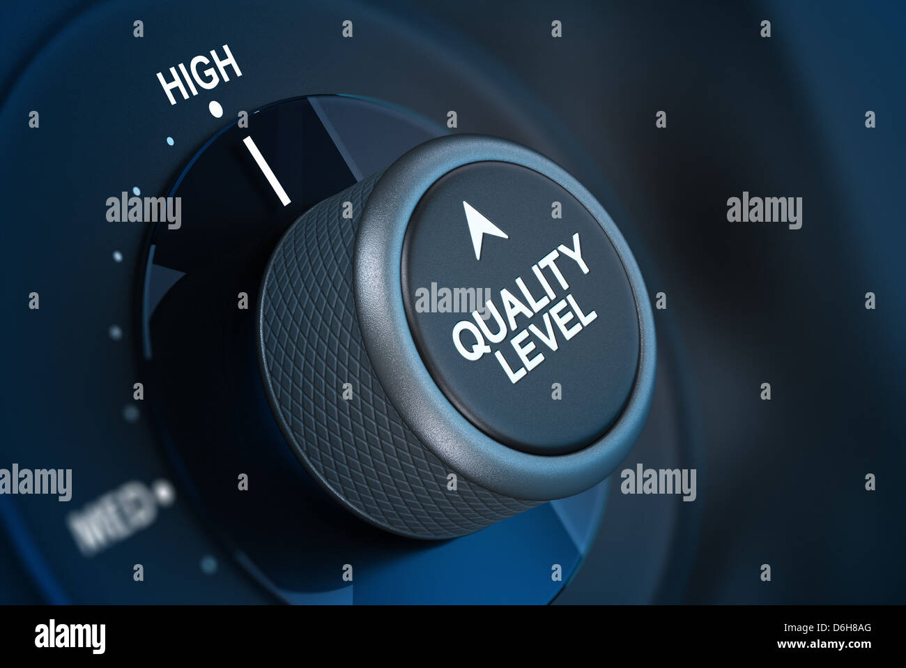 Button where it is written quality level and the word high, concept of ...