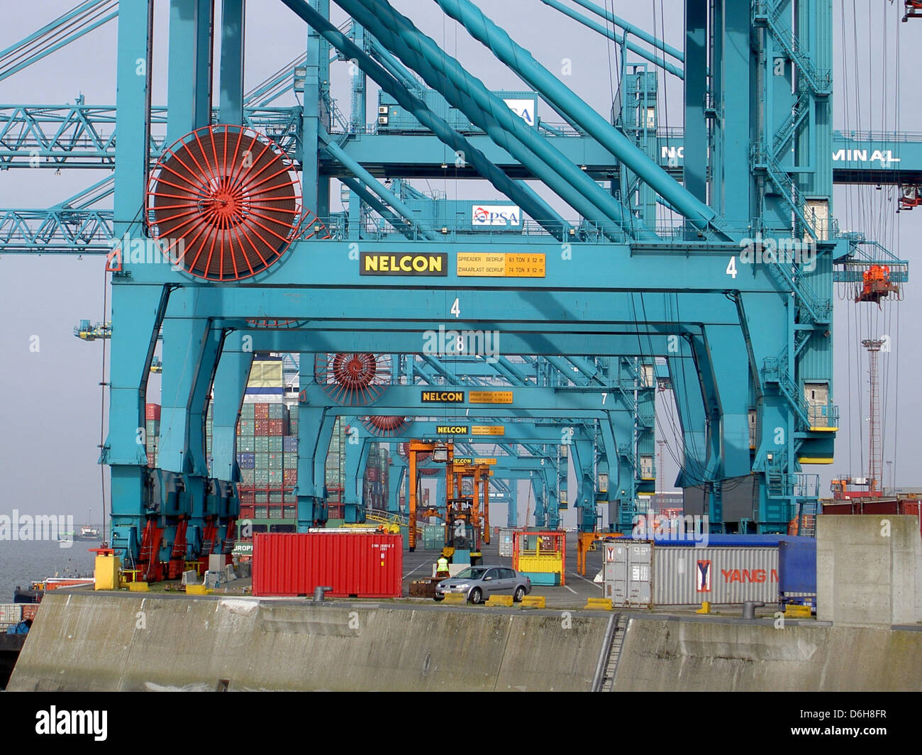 A close-up view of container cranes at Antwerp harbor, one of Europe's ...