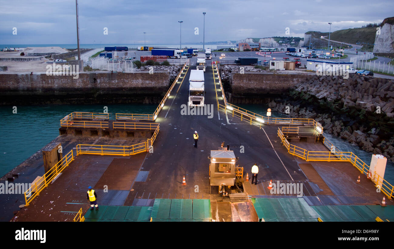 Lorries loading on cross channel ferry, Dieppe, France, evening Stock ...